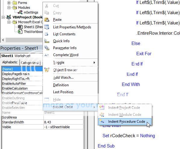 Andrews Excel Tips Vba Code Indenter And Highlighting Vba Code
